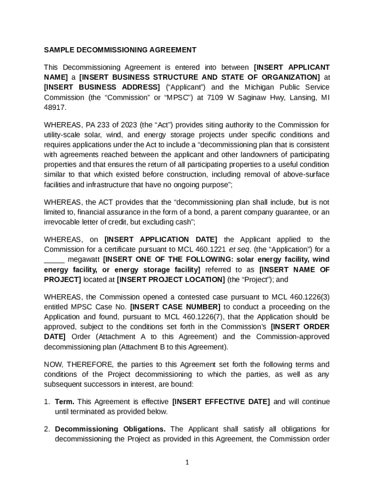 Sample Decommissioning Agreement Doc Template | pdfFiller