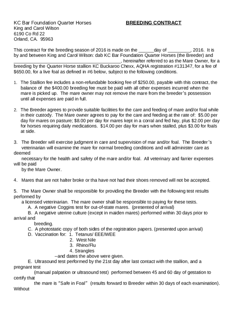 KC Bar Foundation Quarter Horses BREEDING CONTRACT Doc Template | pdfFiller