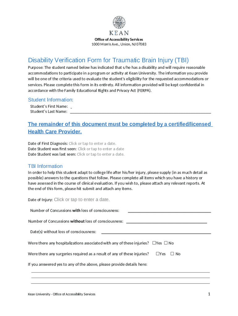 Disability Verification for Traumatic Brain Injury Doc Template | pdfFiller