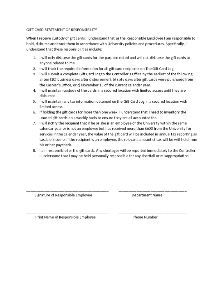 Gift Card Statement of Responsibility Doc Template | pdfFiller