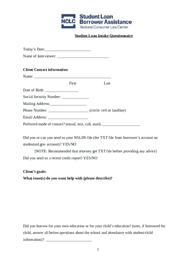 Student Loan Intake Questionnaire - library nclc Doc Template | pdfFiller