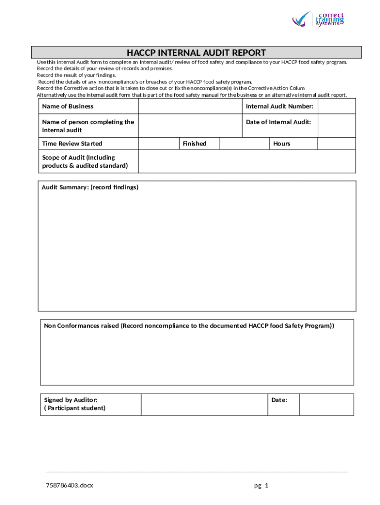 haccp internal audit report Doc Template | pdfFiller