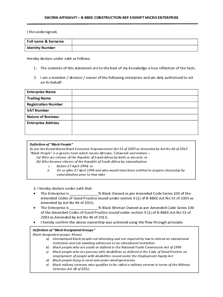 Fillable Online sworn affidavitb-bbee construction bep exempt micro ...