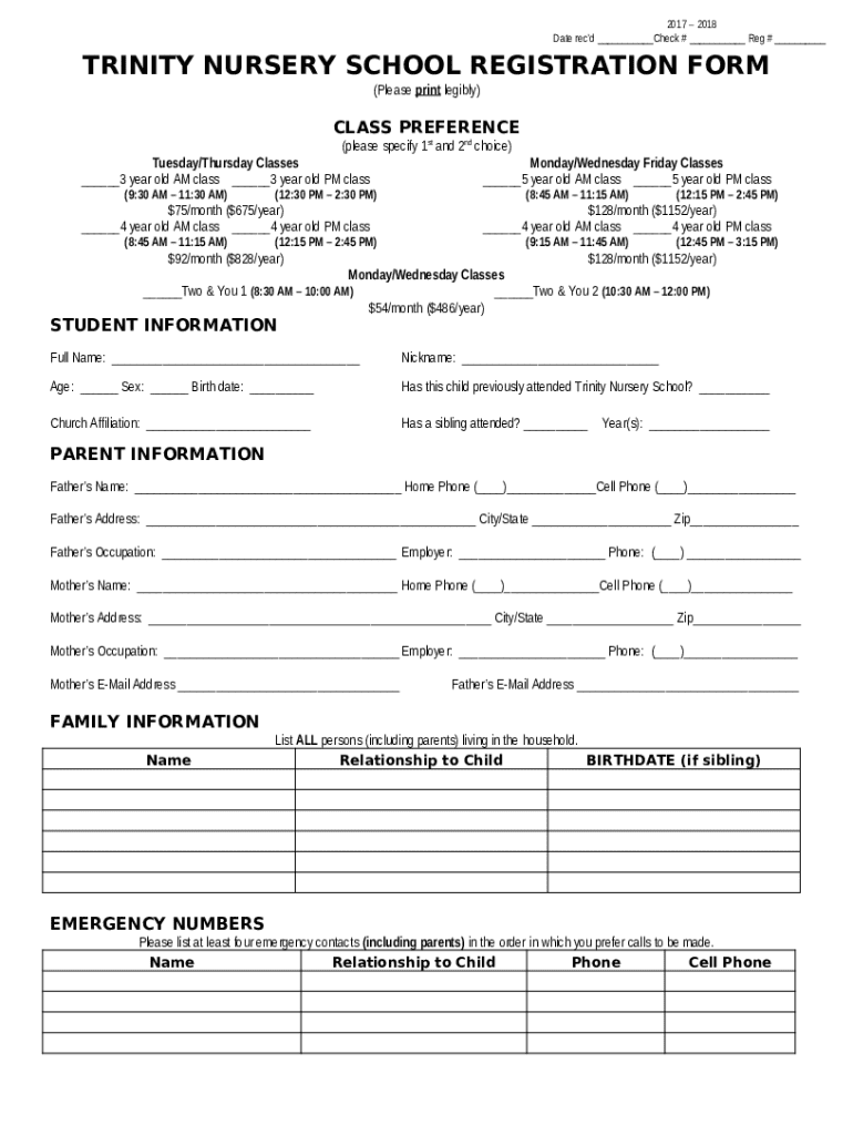 Trinity Preschool Registration 2024-2025 School Year Doc Template ...