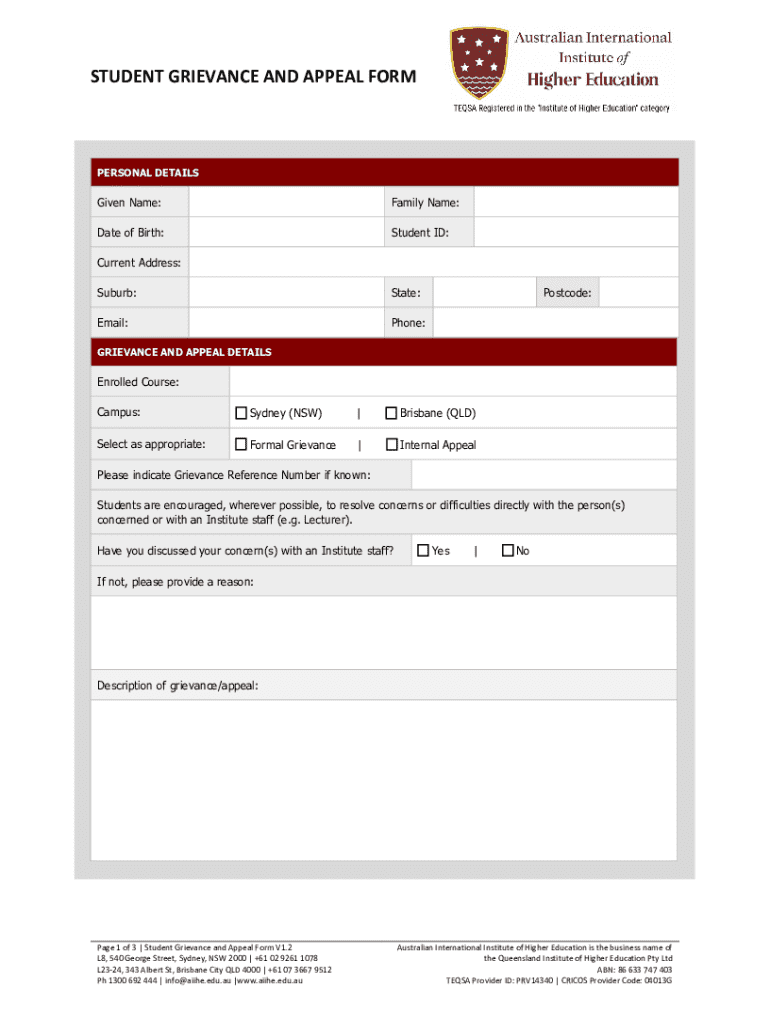 Fillable Online AD.09.1 AIIHE Student Grievance and Appeal Form v1.2 ...
