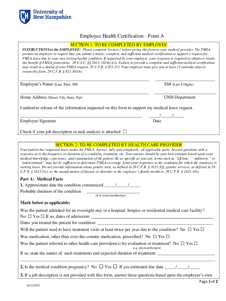 Fillable Online Certification of Health Care Provider Employee Health ...