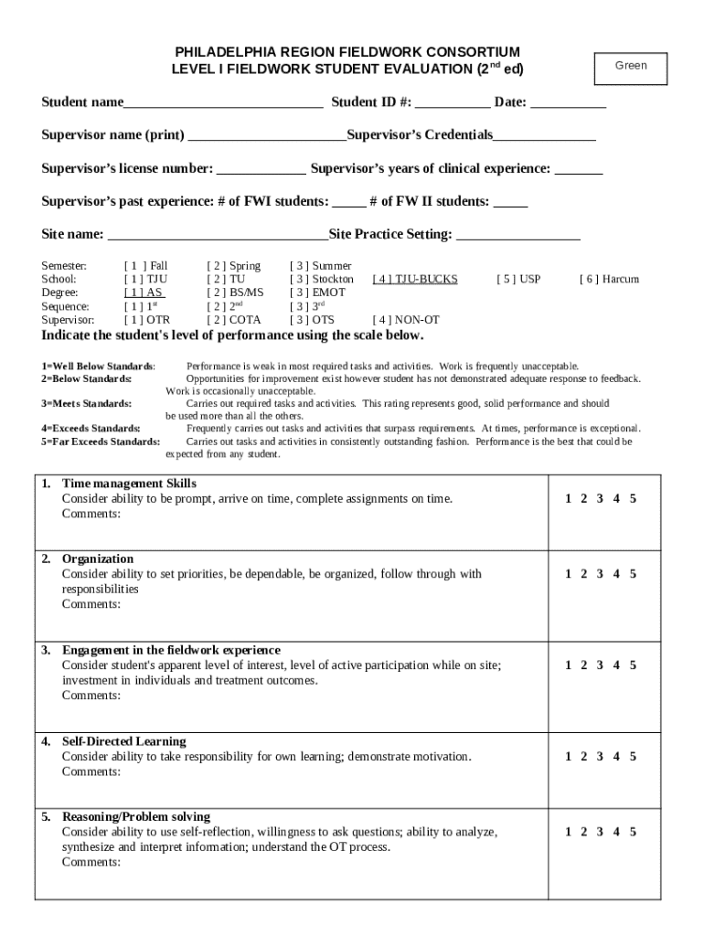 Level I Fieldwork Student Perance Evaluation Doc Template | pdfFiller