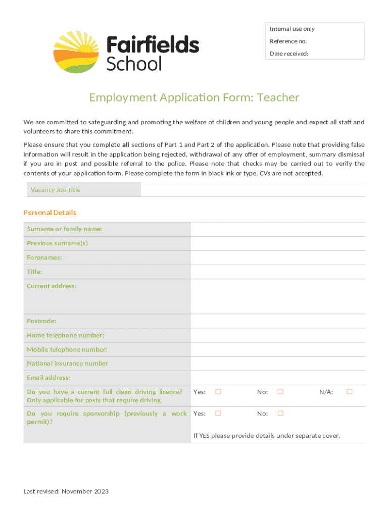 Employment Application : Teacher Doc Template Doc Template | pdfFiller