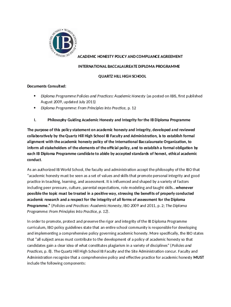 ACADEMIC HONESTY POLICY The IB Diploma Programme Doc Template | pdfFiller