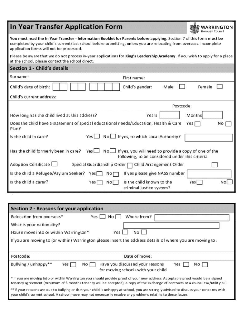 Fillable Online In-year school transfer form Fax Email Print - pdfFiller