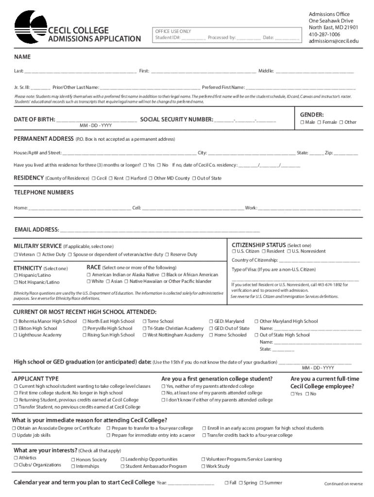 Fillable Online Cecil College Admissions Application Fax Email Print - pdfFiller