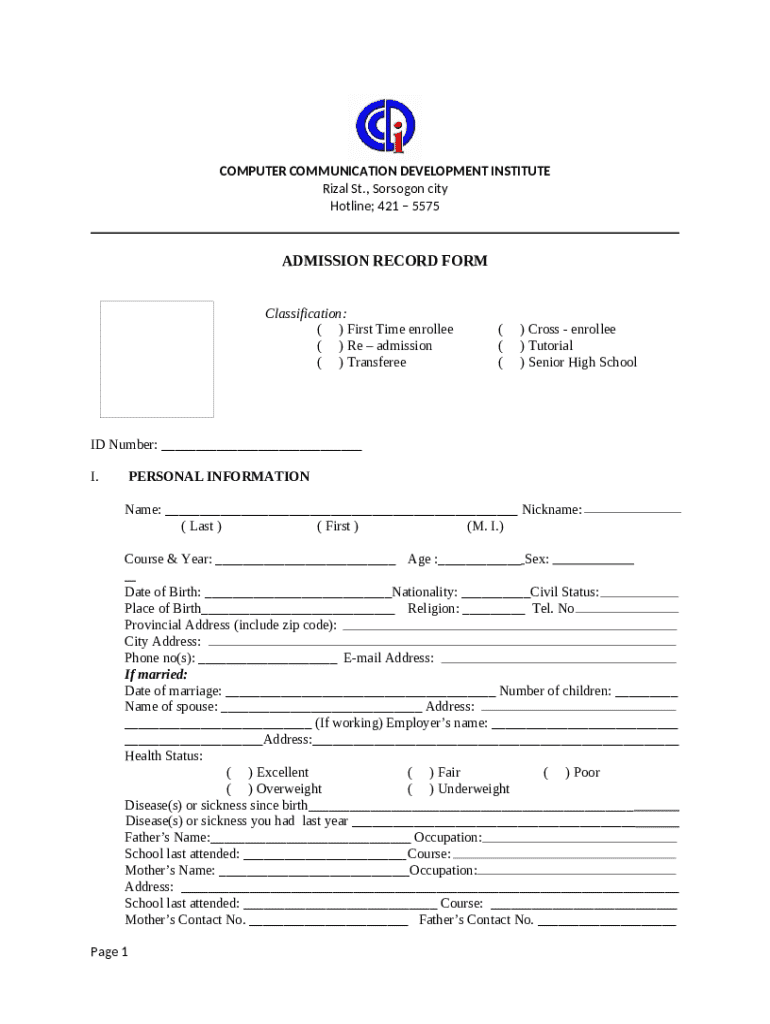 Admission Record Doc Template | pdfFiller
