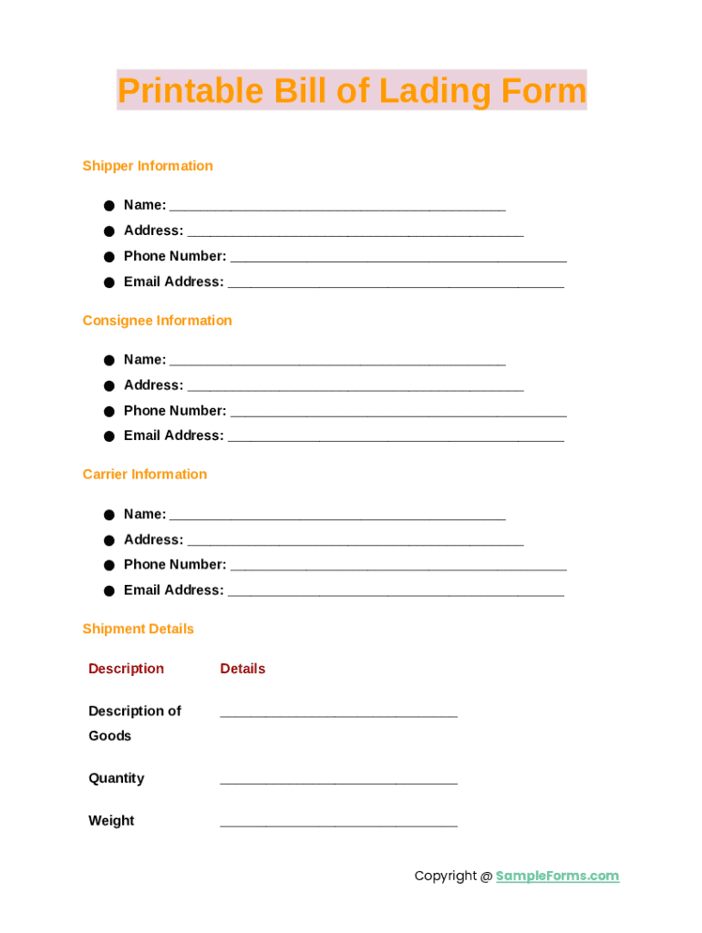 Blank Bill of Lading (BOL) PDF Doc Template | pdfFiller