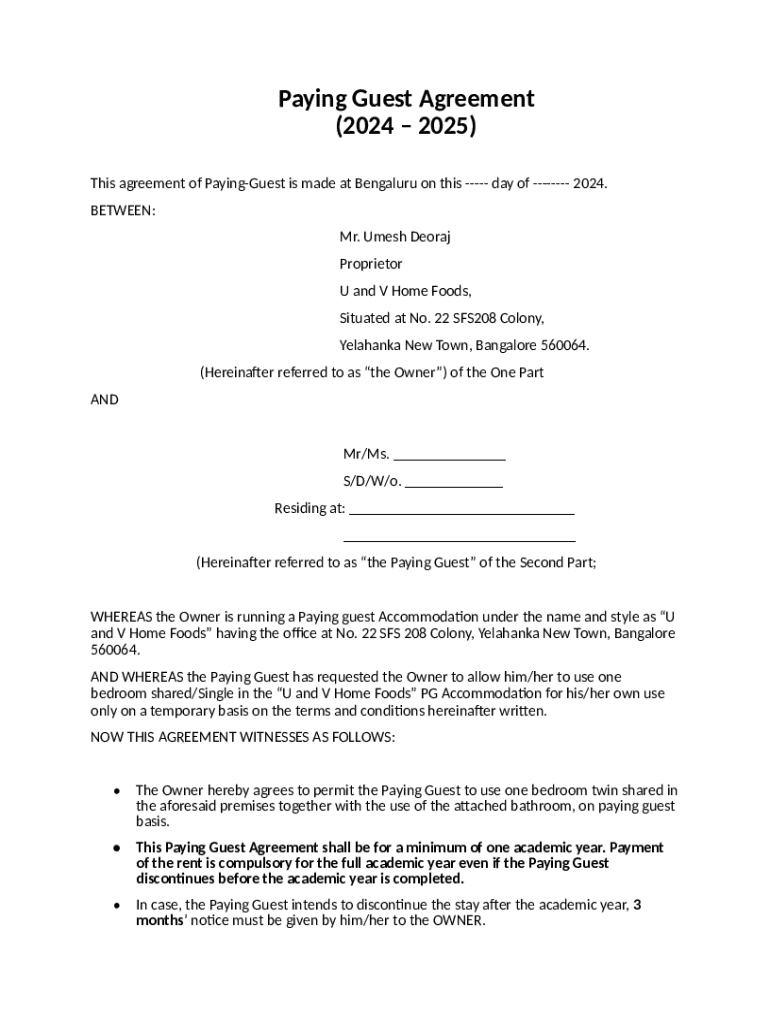 This agreement of Paying-Guest is made at Bengaluru on this ----- day of -------- 2024 Doc ...