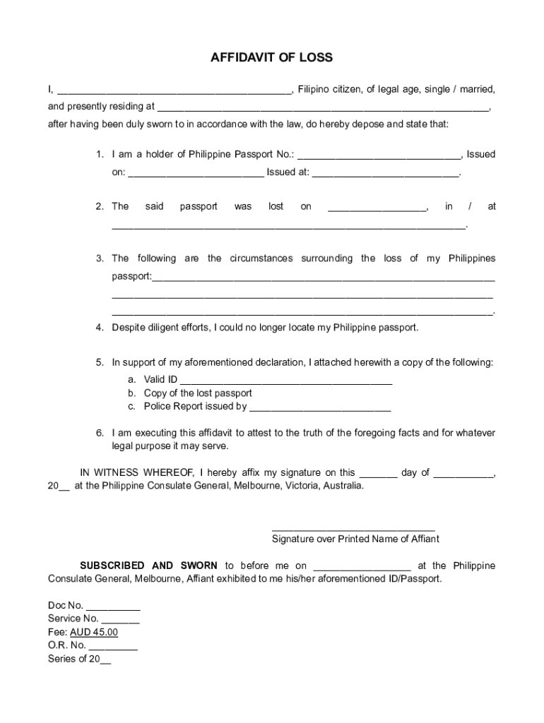 Fillable Online AFFIDAVIT OF LOSS - The Philippine Embassy in Berlin Fax Email Print - pdfFiller