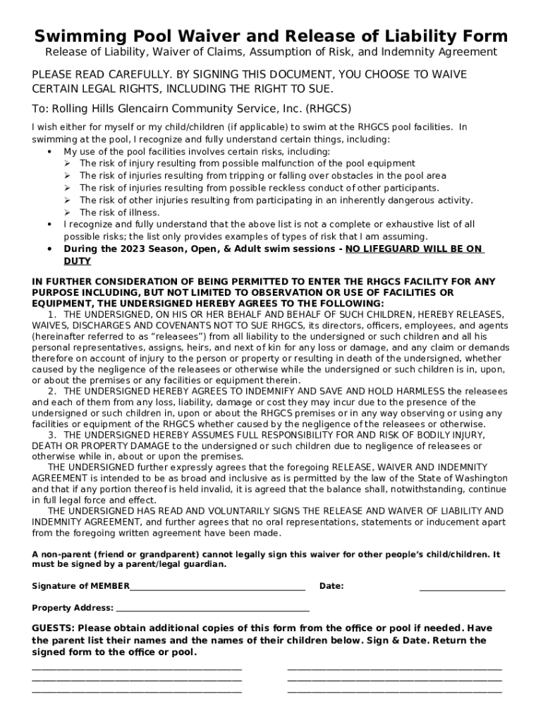 Swimming Pool Waiver - Kat's Cove Doc Template | pdfFiller