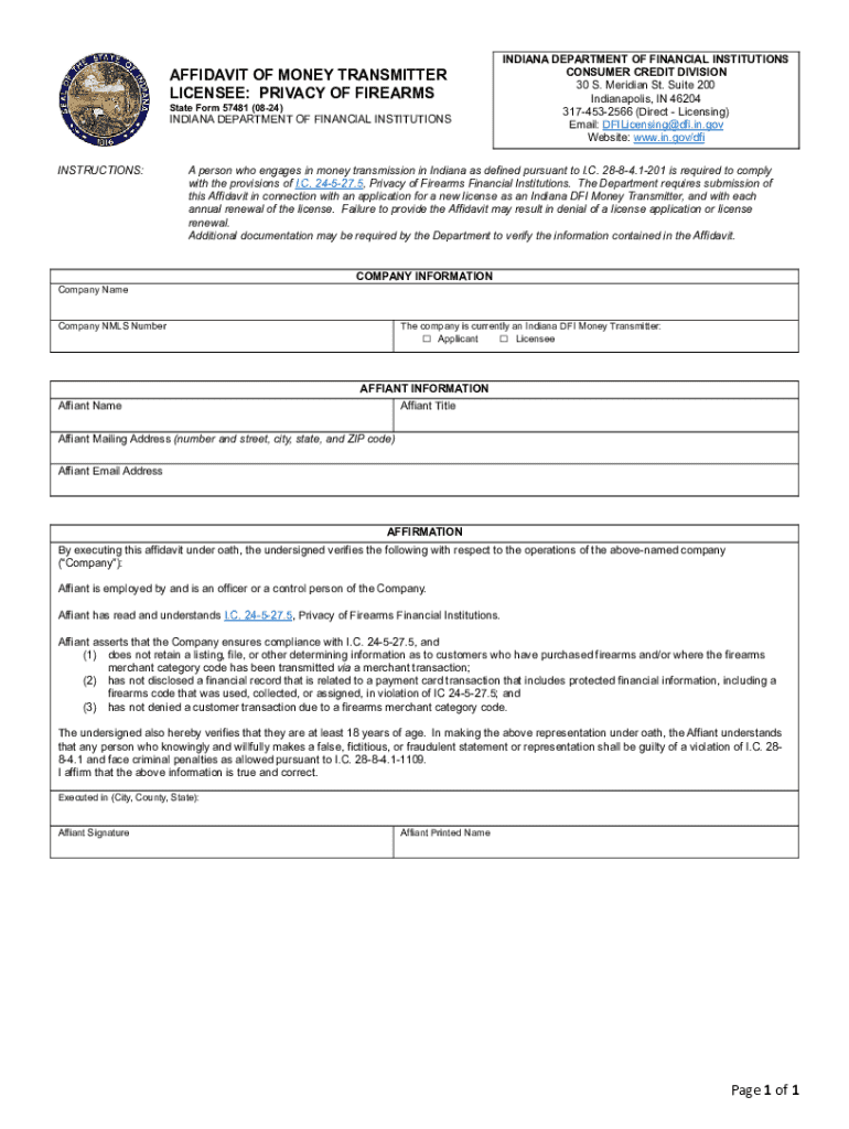 Fillable Online of 1 AFFIDAVIT OF MONEY TRANSMITTER LICENSEE Fax Email ...