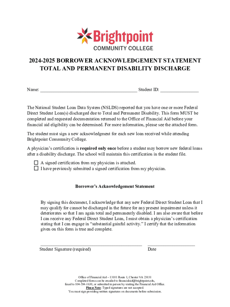 Fillable Online 2024-2025 Borrower Acknowledgement Statement Total ...