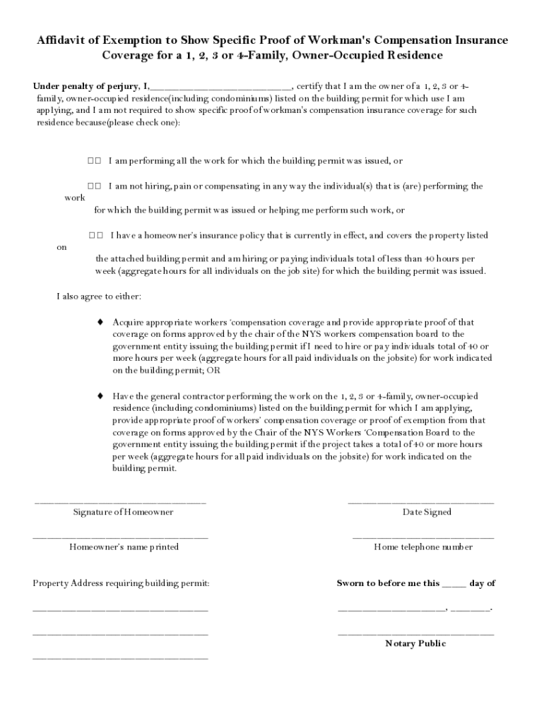 Affidavit of Exemption for Workman's Compensation Insurance - Blank ...