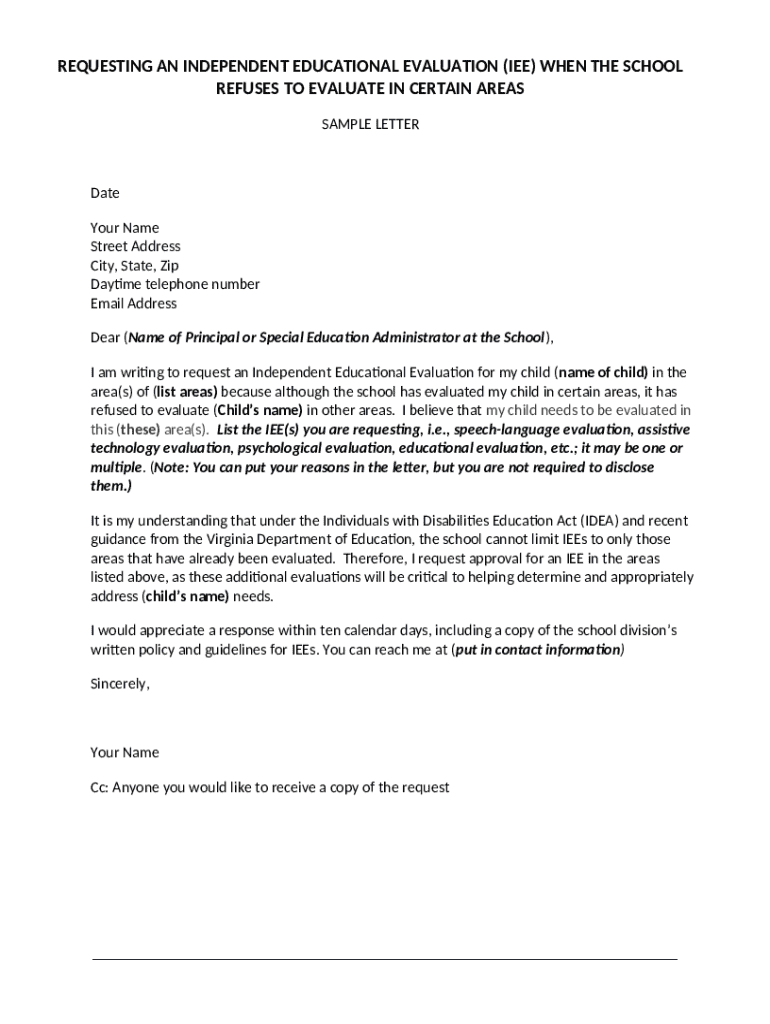 Sample Letter to Independent Educational Evaluation (IEE) Doc Template | pdfFiller