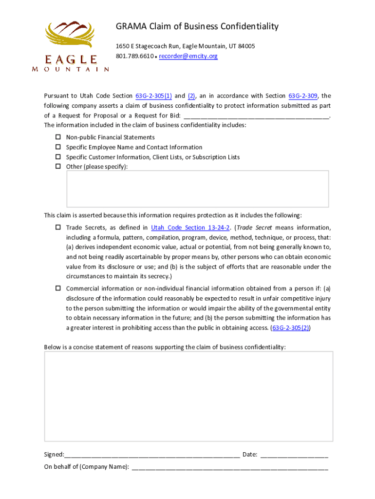 Fillable Online Business Request for GRAMA Business Confidentiality ...