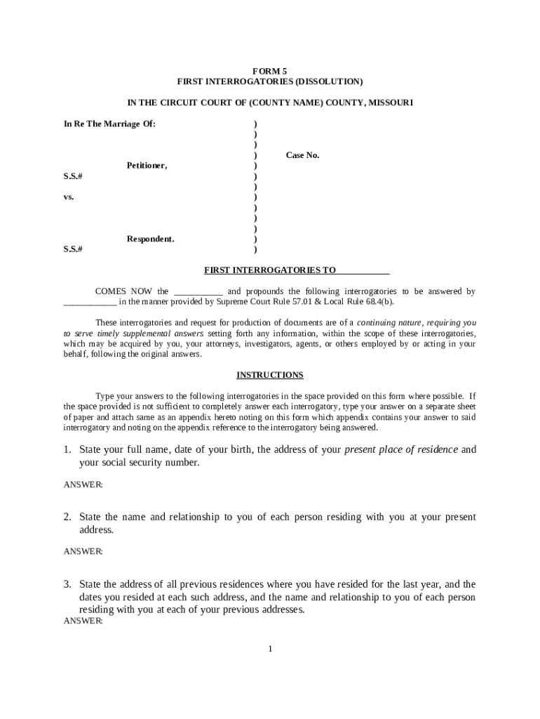 5 First Interrogatories (Dissolution or Separation) Doc Template | pdfFiller