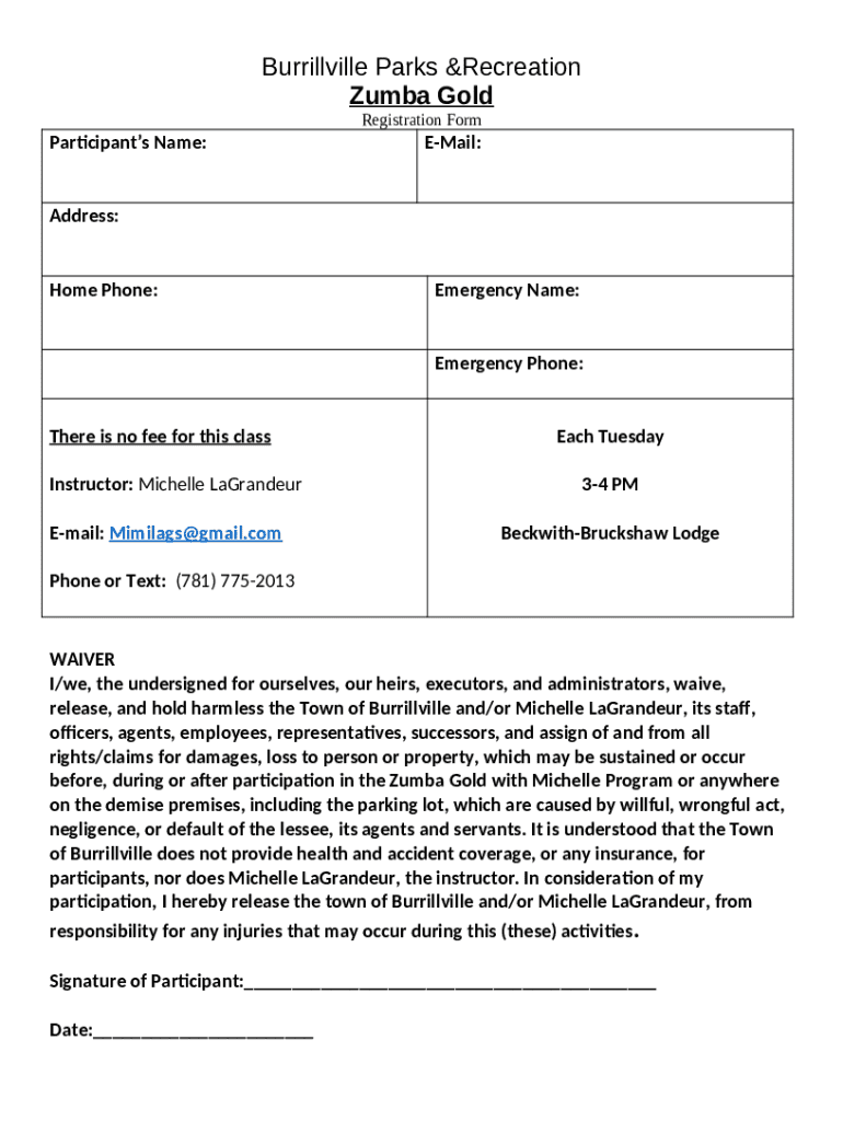 Burrillville Parks &Recreation Zumba Gold Registration Doc Template ...