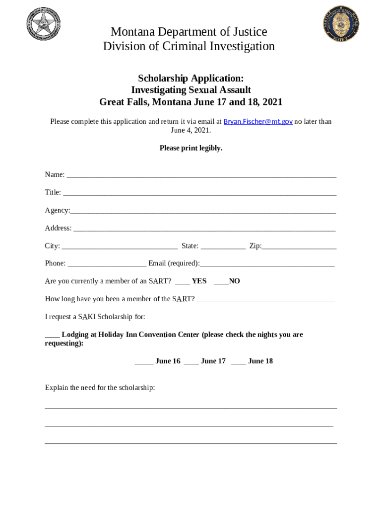 Great Falls DOJ SAKI Scholarship Application June 17 and ... Doc Template | pdfFiller