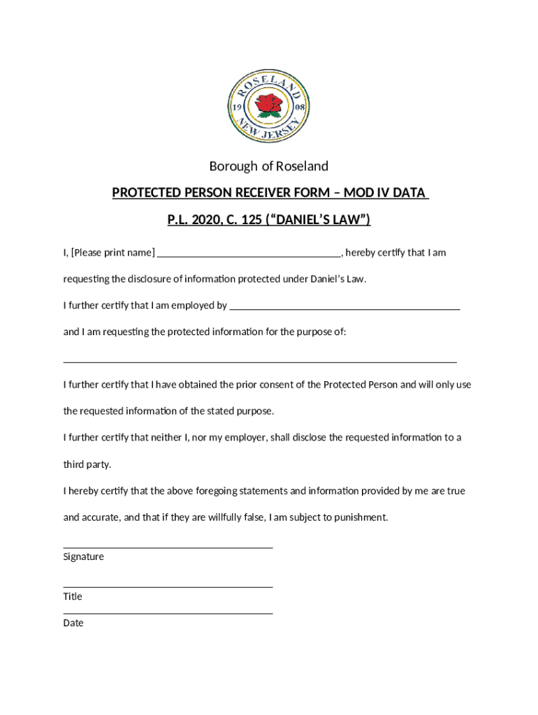 Daniel's Law - Protected Person Receiver Doc Template | pdfFiller