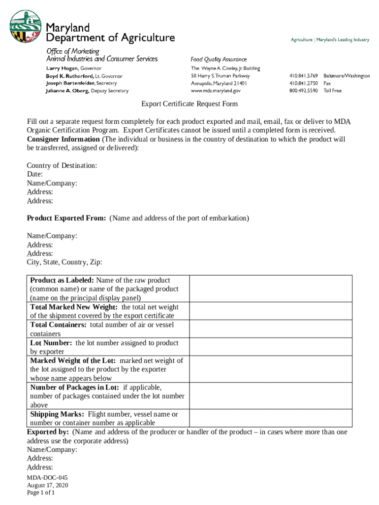 Food export certificate request Doc Template | pdfFiller