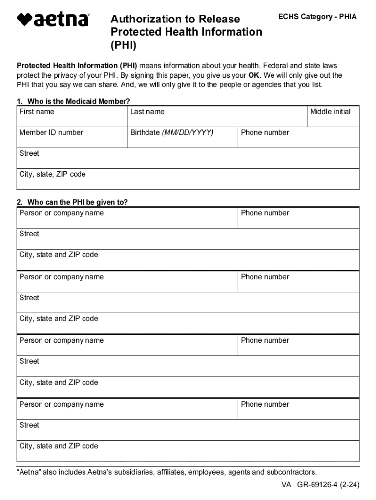 Fillable Online Aetna - Authorization to Release Protected Health Information (PHI) - Virginia ...