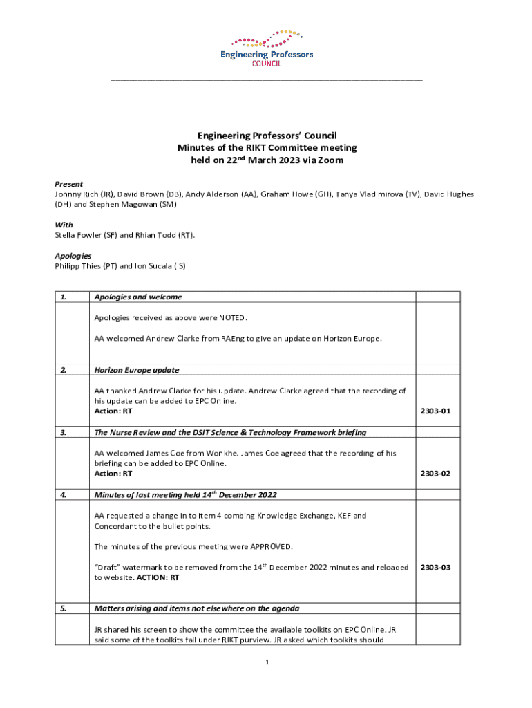 Fillable Online Johnny Rich (JR), David Brown (DB), Andy Alderson (AA ...