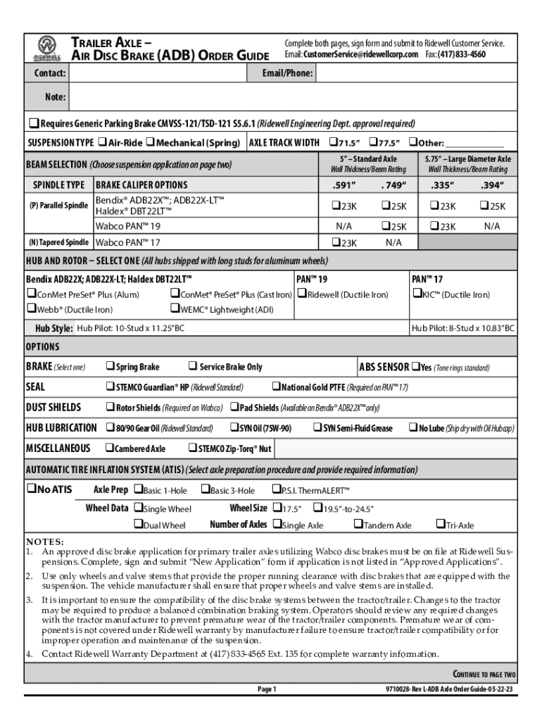 Fillable Online Air Disc Brake (ADB) Axle for Trailer - Order Guide Fax ...