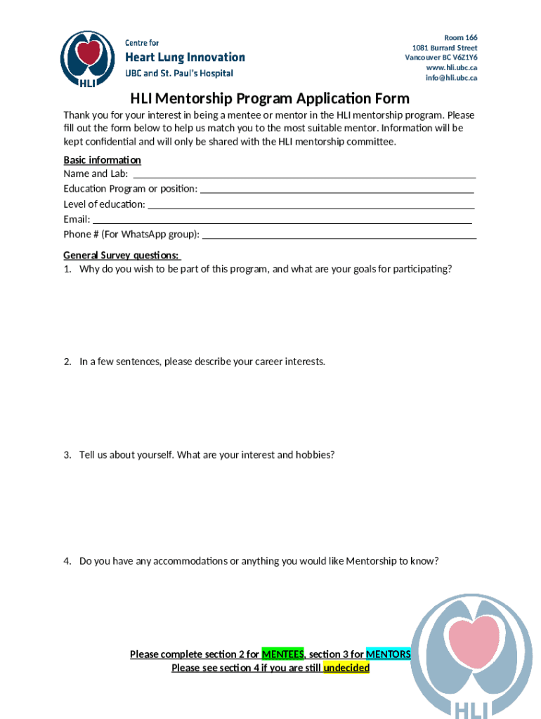 HLI Mentorship Program Application Doc Template | pdfFiller