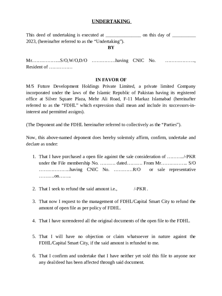 This deed of undertaking is executed at on this day of 2023 ...