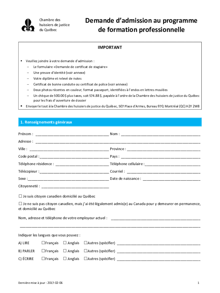 Remplissable en ligne Demande d\'admission au programme de formation ... Fax Email Imprimer ...