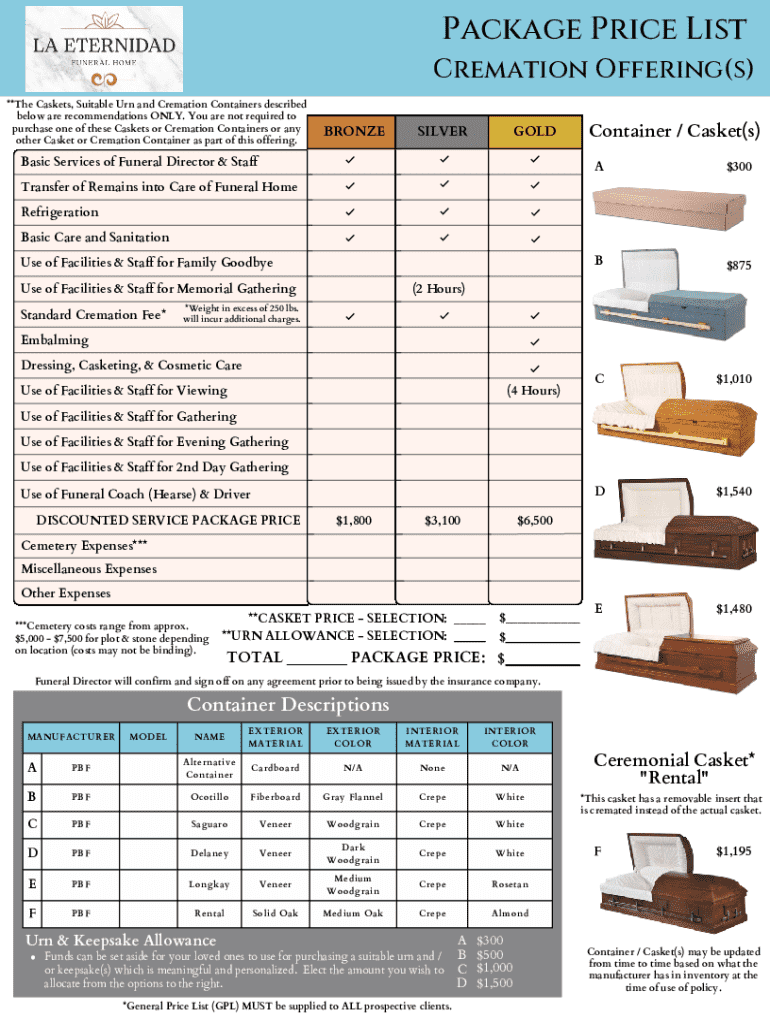 Fillable Online Casket, Urn, Outer Burial & Alternative Container Price ...