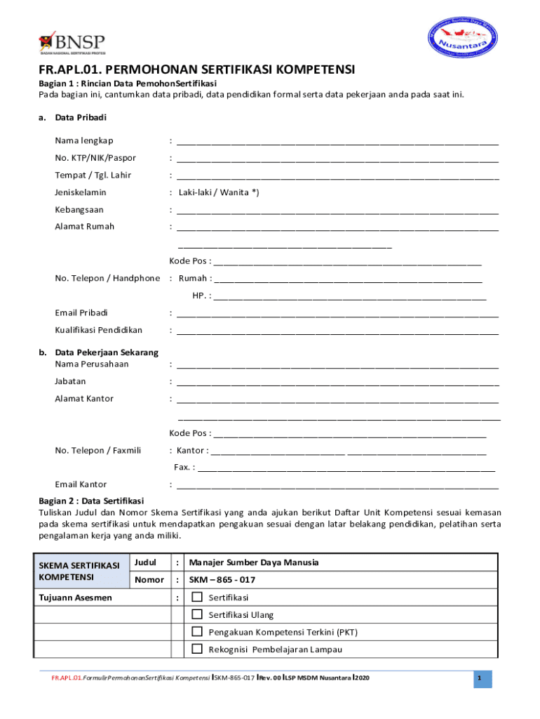 Fillable Online fr.apl.01. permohonan sertifikasi kompetensi Fax Email ...