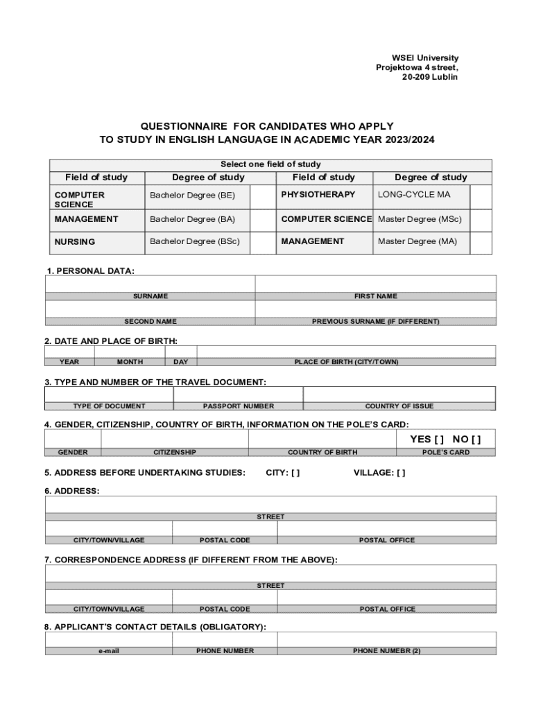 Fillable Online questionnaire for candidates who apply to study in ...