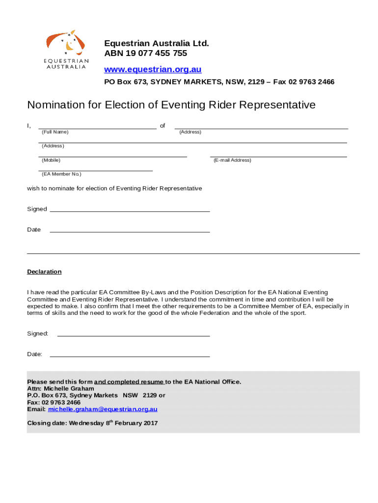 EADC Athlete Representative Nomination Doc Template | pdfFiller