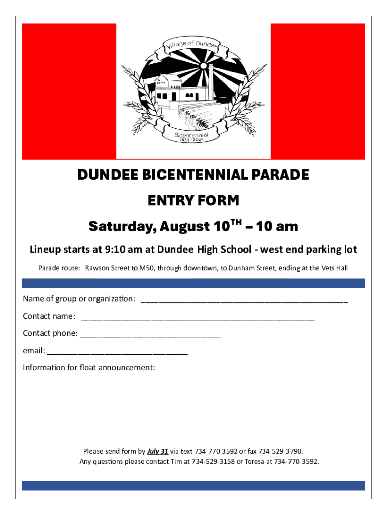 Fillable Online DUNDEE BICENTENNIAL PARADE application form Fax Email ...