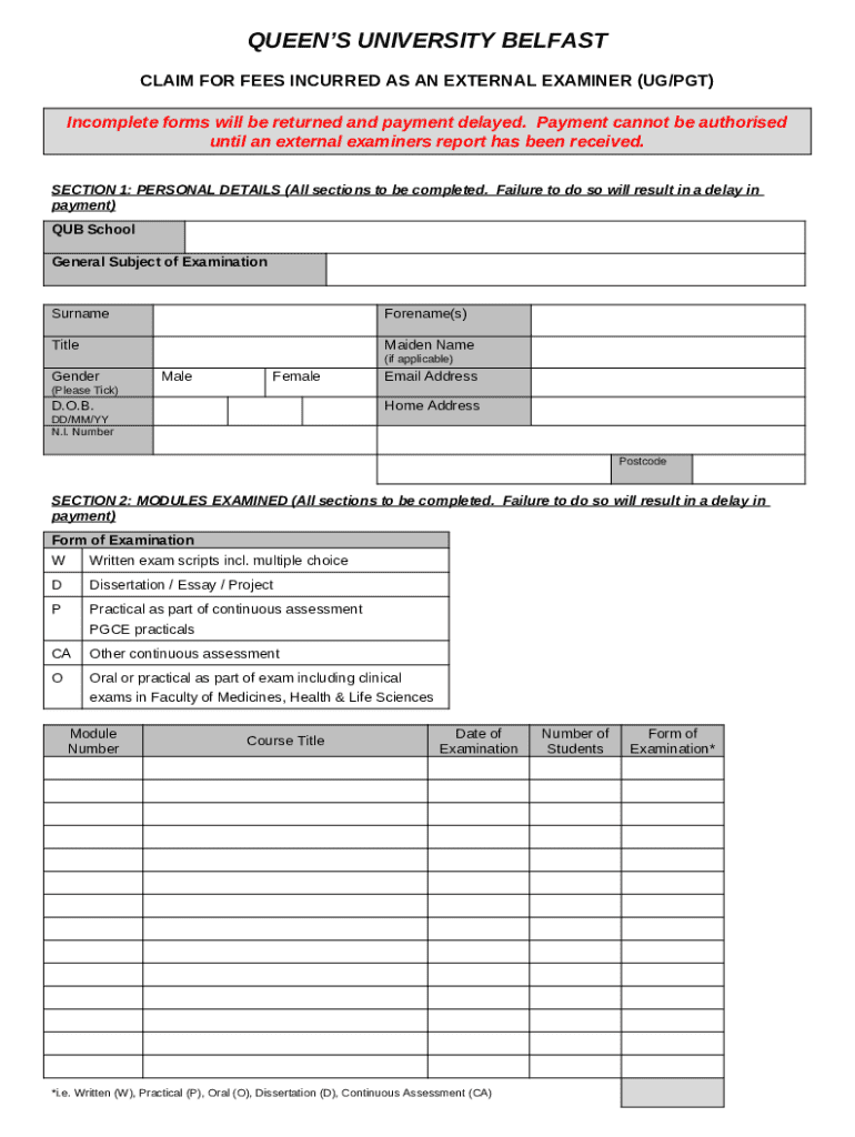 UG-PGT External Examiners Fee Claim Doc Template | pdfFiller