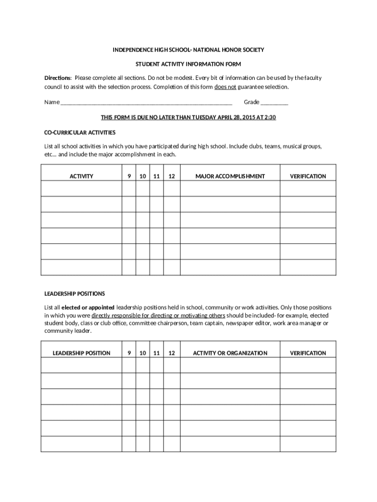 Online schools cms k12 nc NHS student activity Doc Template | pdfFiller