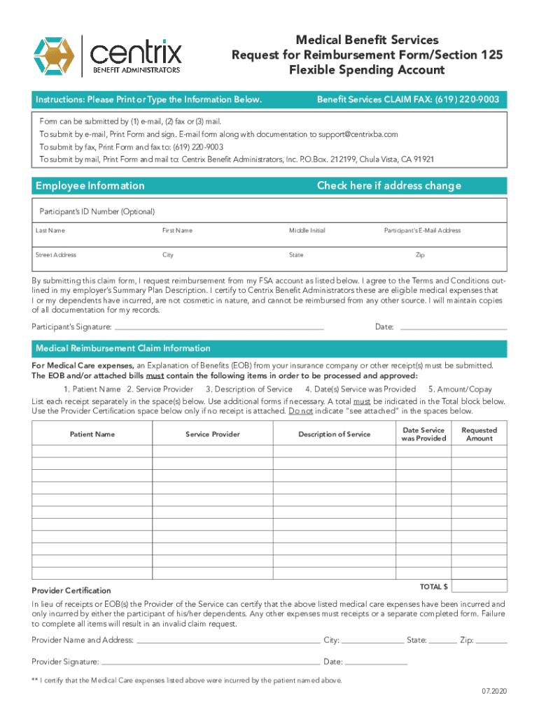 Fillable Online Medical Benefit Services Request for Reimbursement Form ...