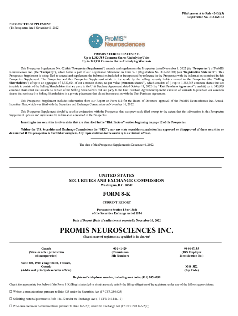 Fillable Online ProMIS Neurosciences Announces Up to $122.7 Million ...