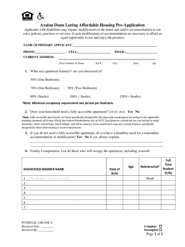 Fillable Online Avalon Dunn Loring Affordable Housing Pre-Application ...