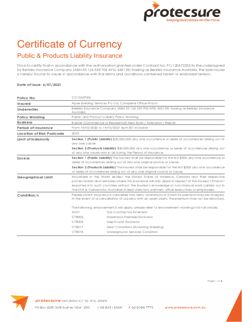 Fillable Online Certificate of Currency - Public & Products Liability ...