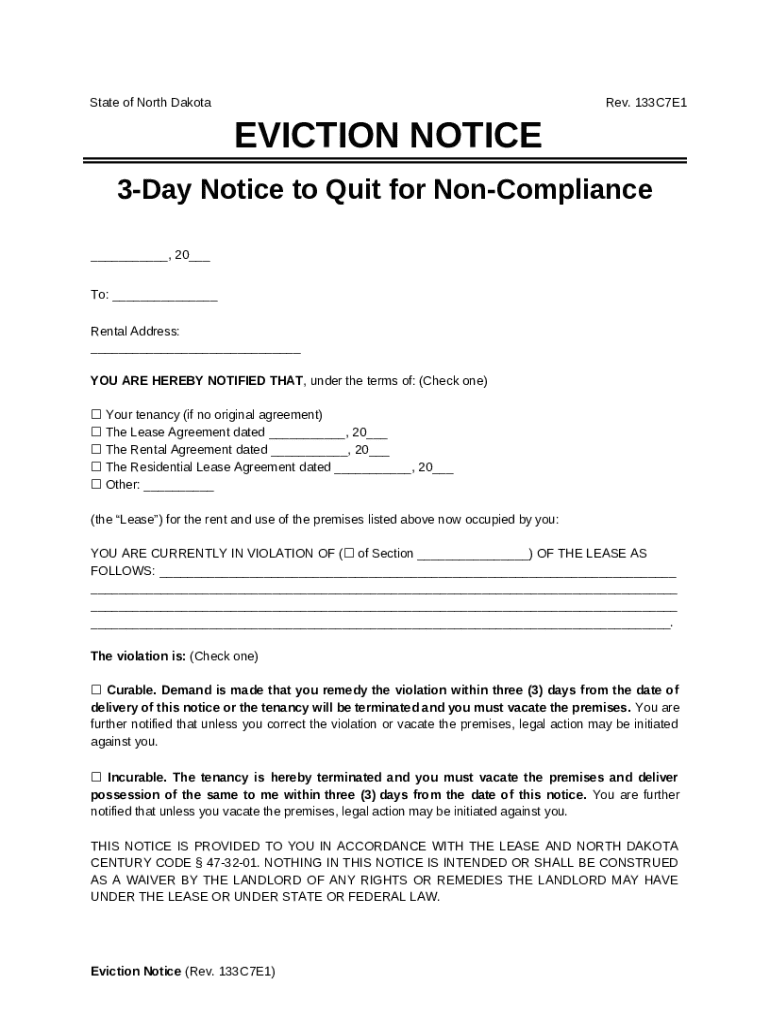 Download North Dakota Notice to Quit ND s PDF Doc Template | pdfFiller