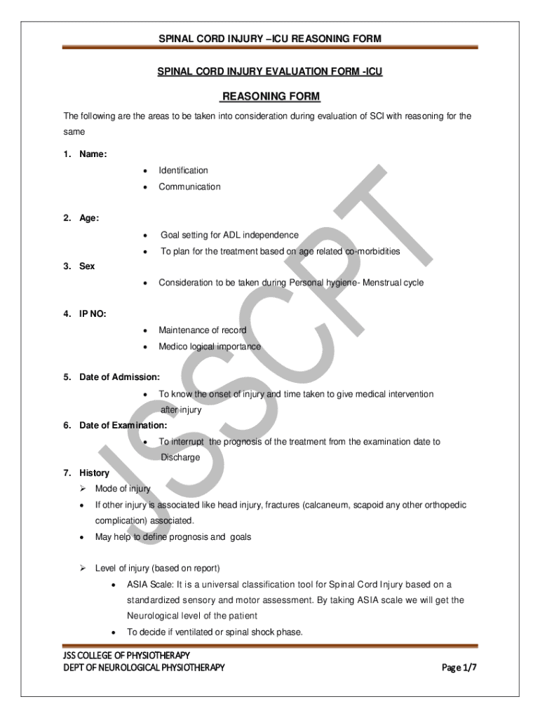 Fillable Online SPINAL CORD INJURY ICU REASONING FORM Fax Email Print ...