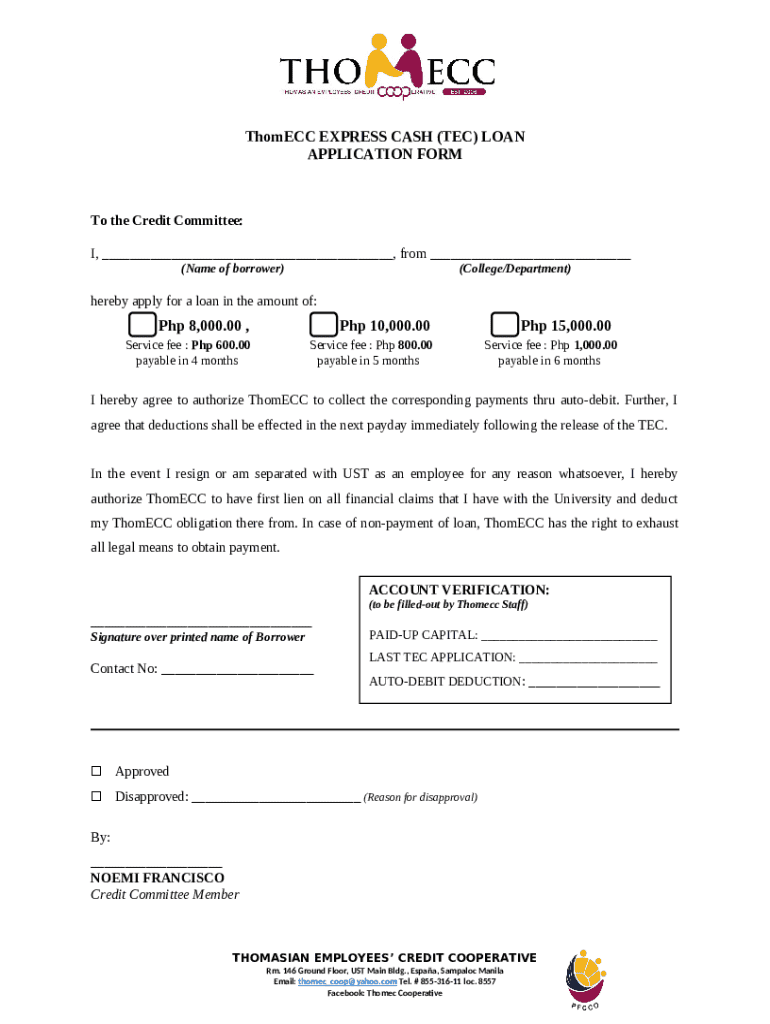 ThomECC EXPRESS CASH (TEC) LOAN Doc Template | pdfFiller